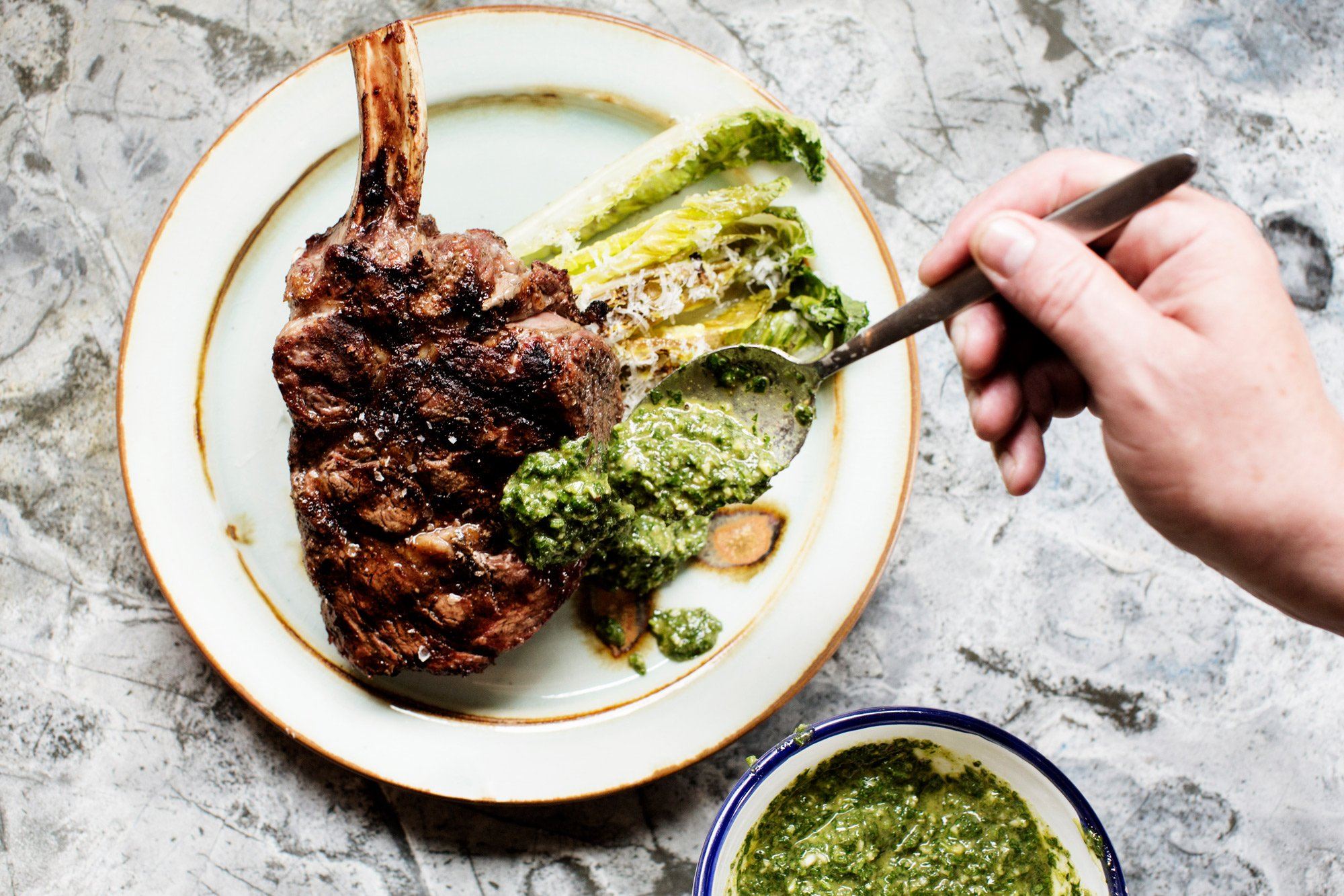 Chef’s Table: Bone-In Ribeye with Grilled Romaine + Chimichurri ...